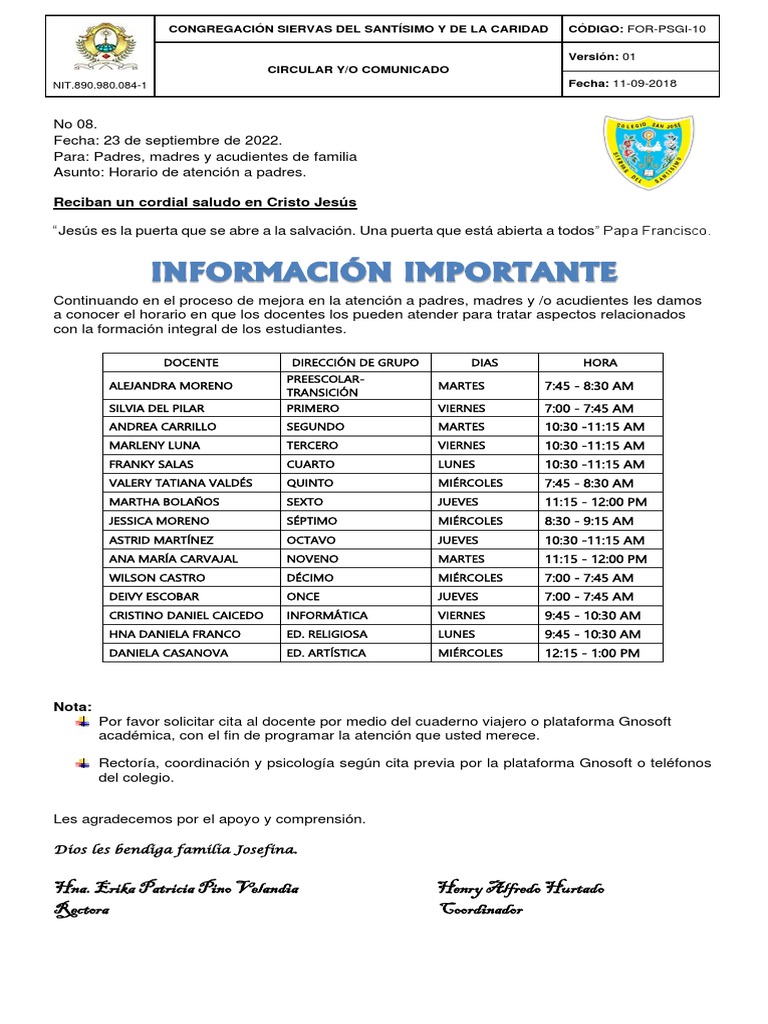 Comunicado 08 Horario de Atención A Padres de Familia | PDF