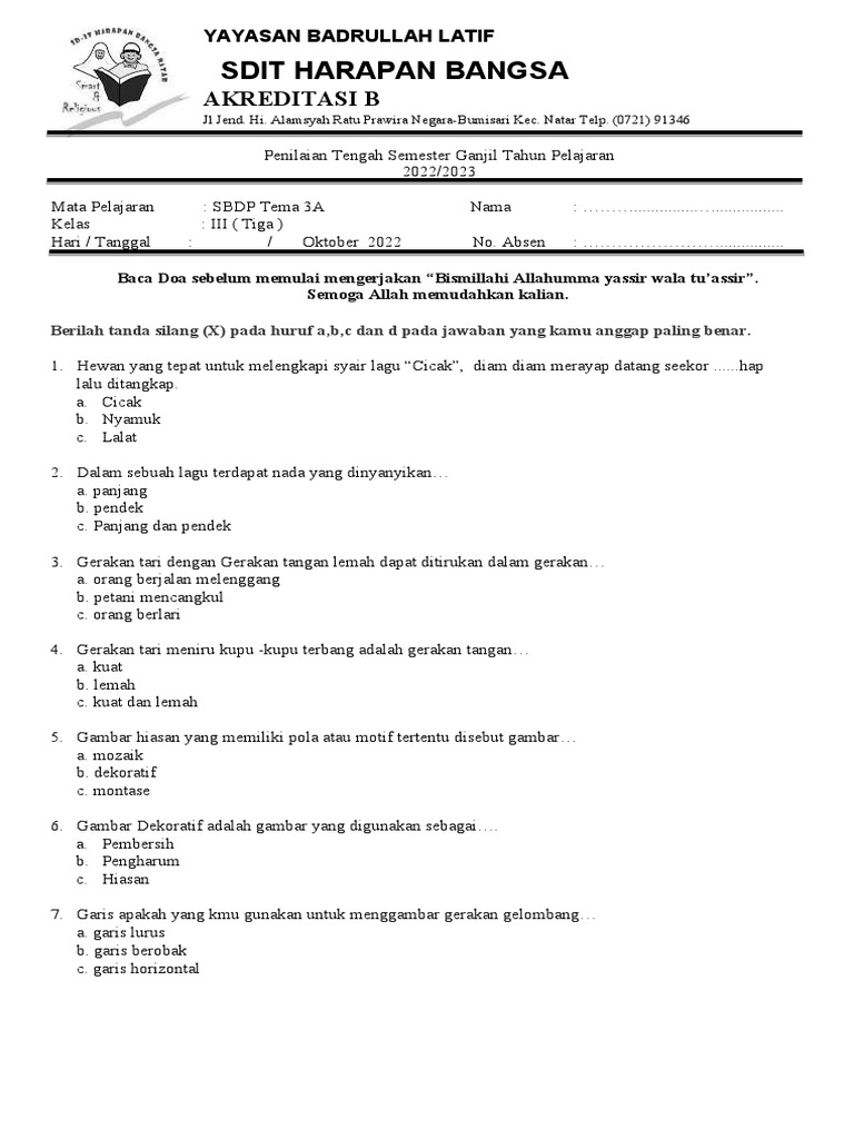 Soal SBDP Kelas 3 Tema 3a | PDF