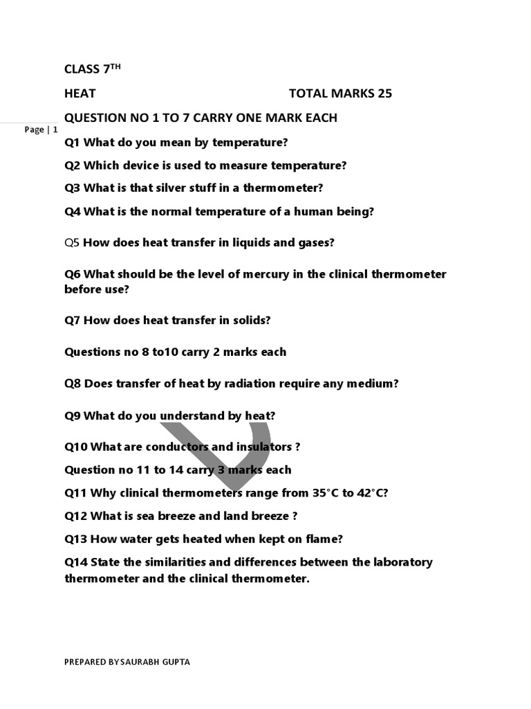Class 7 Heat Worksheet with Answers | PDF | Science & Mathematics