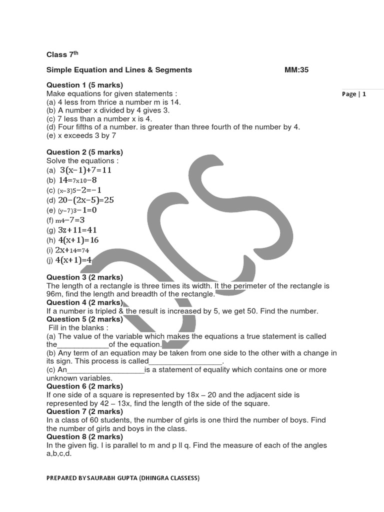 Class 7th EQUATION AND LINES TEST | PDF | Angle | Equations