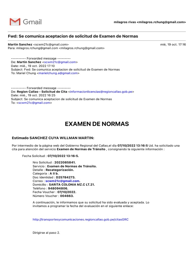 FWD Se Comunica Aceptacion de Solicitud de Examen de Normas | PDF