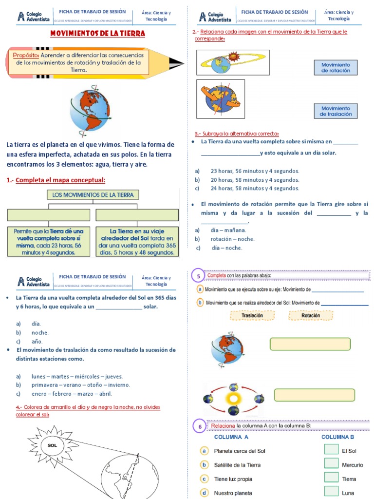 Movimientos de la Tierra: Ficha de Trabajo | PDF | Tierra | Rotación