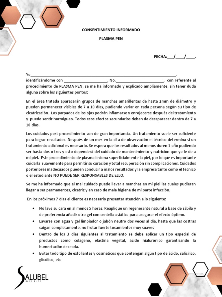 Consentimiento Plasma Pen2 | PDF | Productos cosméticos | Medicina CLINICA