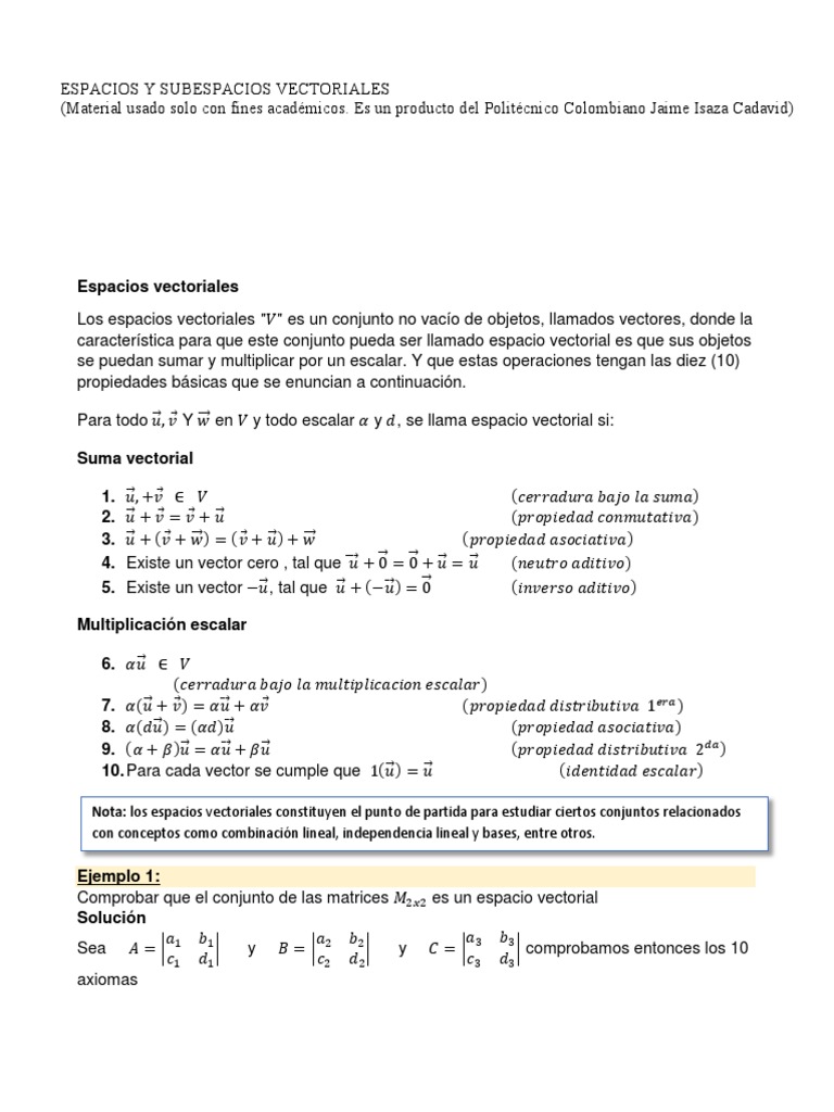 ESPACIOS VECTORIALES - SUBESPACIOS - ITM-Semana 8 | PDF | Espacio vectorial | Vector Euclidiano