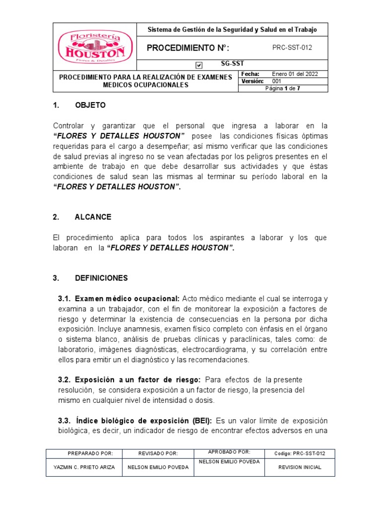 PRC-SST-012 Procedimiento para La Realización de Examenes Medicos ... PRC-SST-012 Procedimiento para La Realización de Examenes Medicos ...