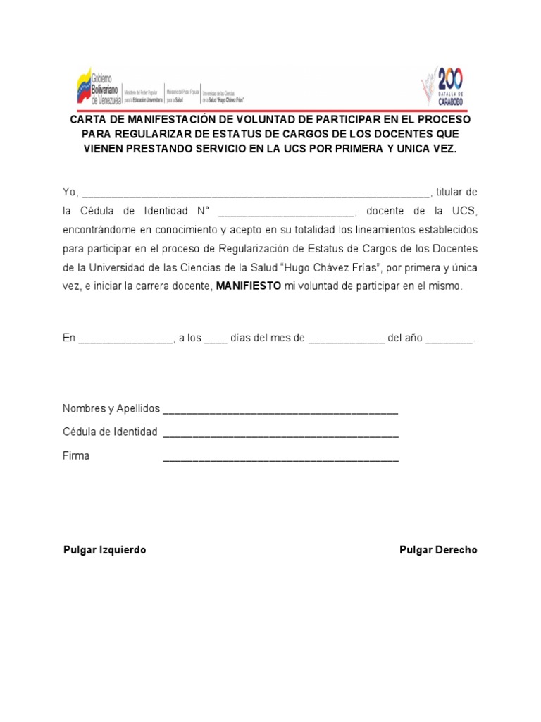 Carta de Manifestación de Voluntad | PDF