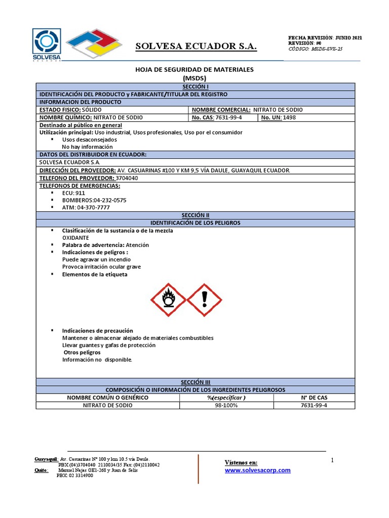 MSDS Nitrato de Sodio | PDF | Agua | Toxicidad