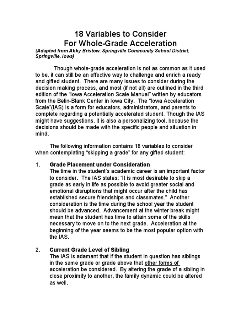 18 Variables To Consider For Whole Grade Acceleration | PDF
