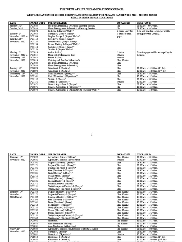 2022 WAEC GCE Timetable | PDF