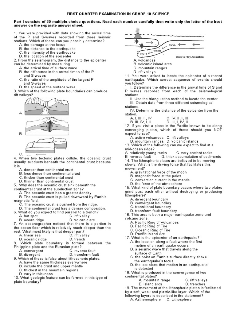 2022 First Quarter Test Grade 10 Science | PDF | Plate Tectonics ...
