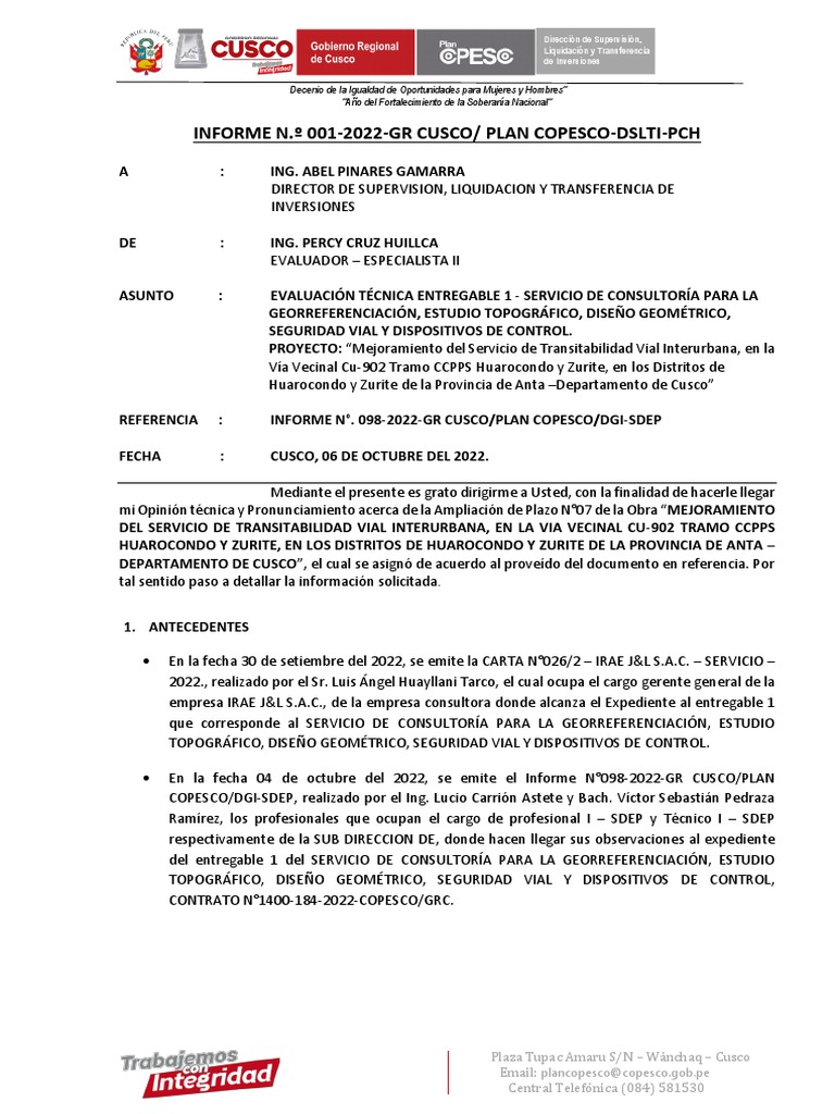 Informe N.º 001-2022-Gr Cusco Plan Copesco-Dslti-Pch | PDF | Topografía | Geodesia