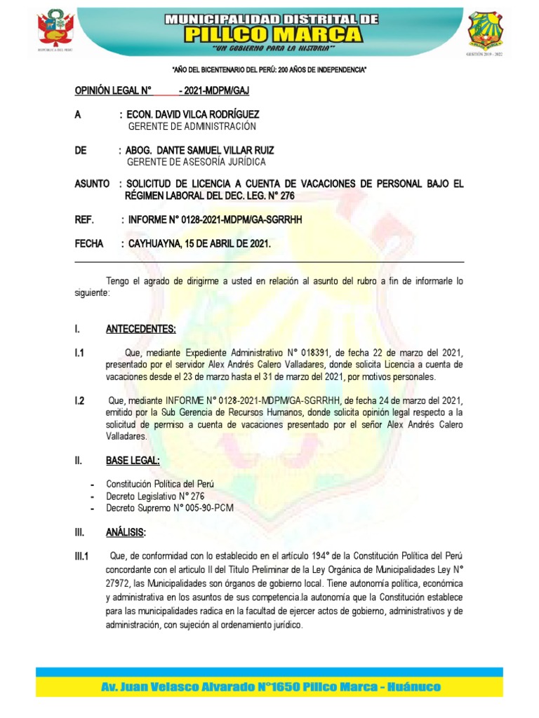 Opinion Legal Licencia A Cuenta de Vacaciones Alex Calero Valladares ...