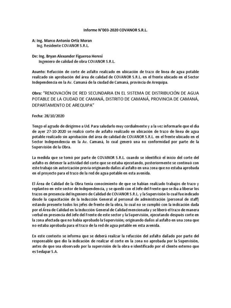 Informe Diario Calidad Nro 003-2020 28-10-2020 | PDF
