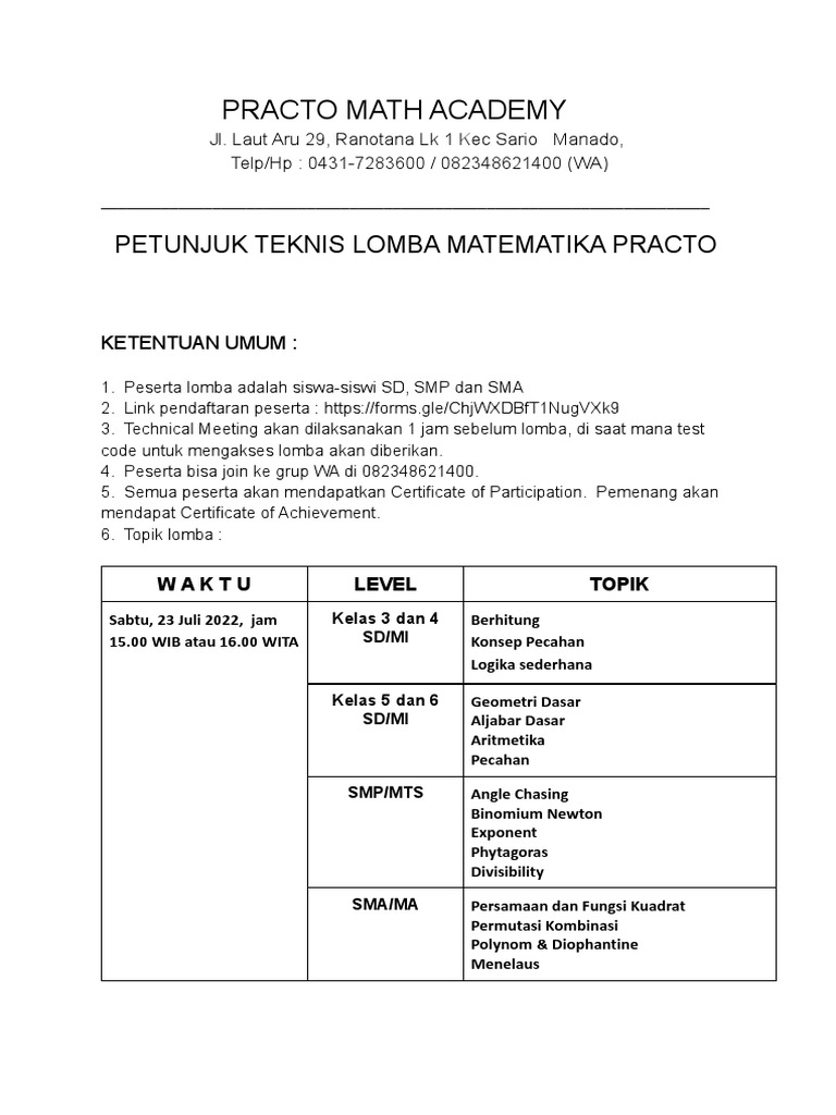 Petunjuk Teknis Lomba Matematika Practo | PDF