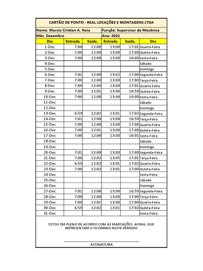 Modelo Cartão de Ponto | PDF