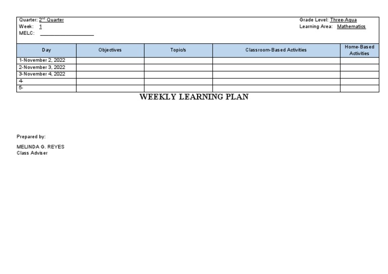 3rd Grade Math Weekly Learning Plan | PDF