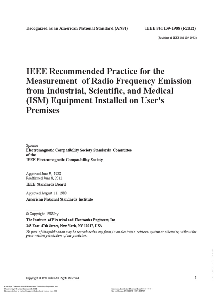 IEEE STD 139-1988 (R2012) Measurement of Radio Frequency Emission From ...