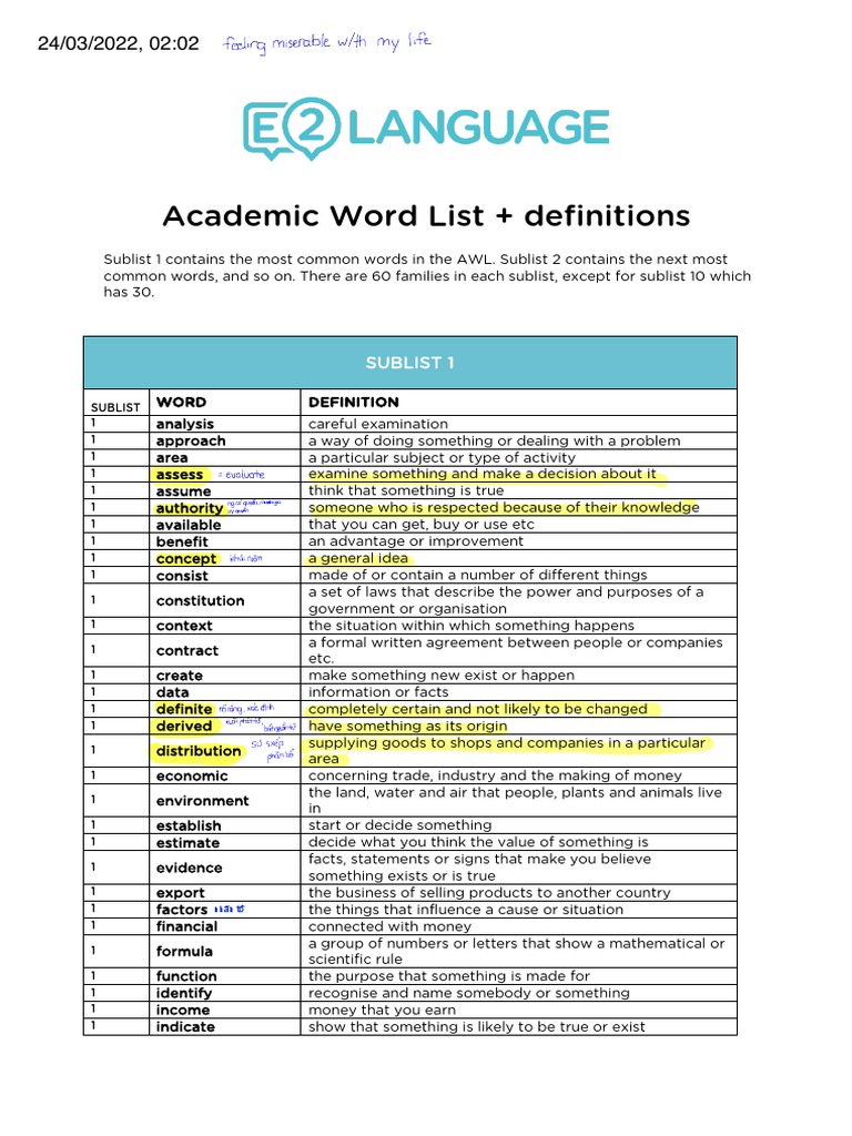 Academic Word List With Definitions - E2Language 2 | PDF | Mind | Idea