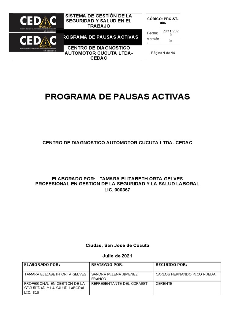Programa de Pausas Activas de Cedac-Cucuta | PDF | Mano | Hombro