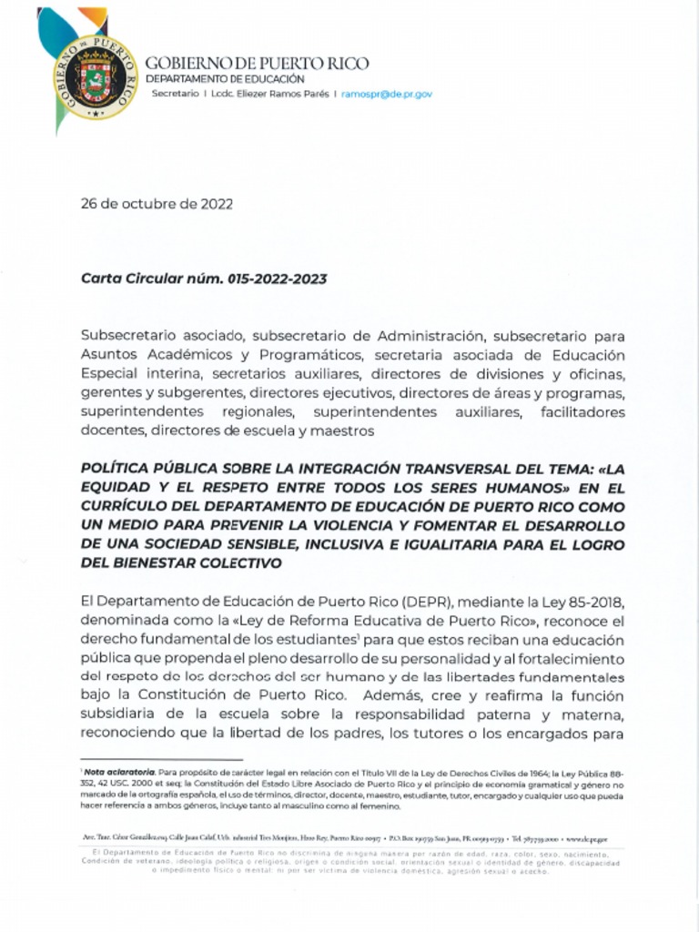 Carta Circular de Educación Sobre Carta Circular Sobre La Equidad y El ...