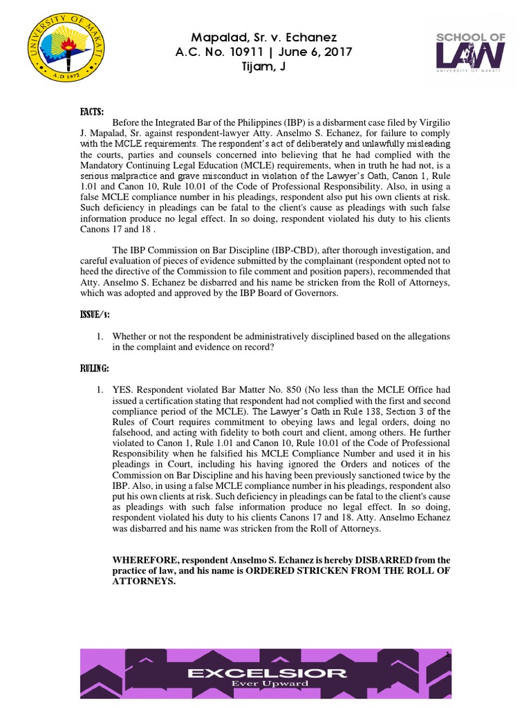 Mapalad, Sr. v. Echanez - Case Digest | PDF | Lawyer | Disbarment