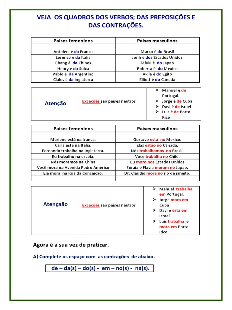 Quadros de verbos, preposições e contrações em português | PDF
