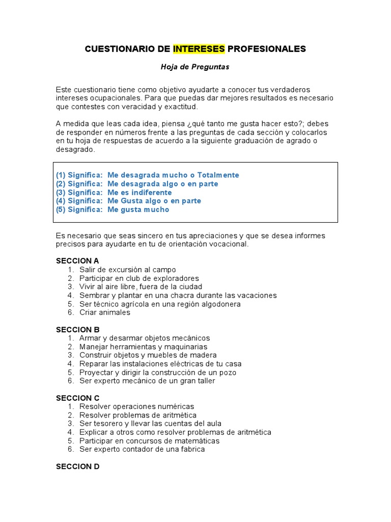Cuestionario de Intereses PROFESIONALES | PDF | Álgebra | Cuestionario