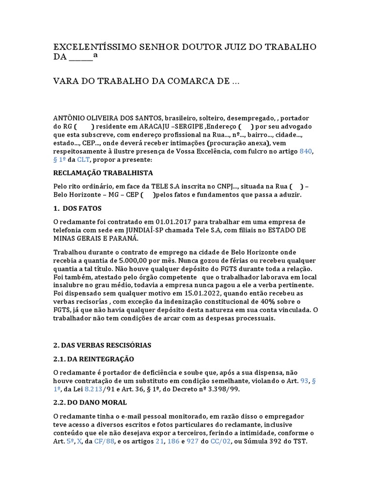 Modelo Peticao Inicial Reclamatoria Trabalhista Oab Peca Pratico ... Modelo Peticao Inicial Reclamatoria Trabalhista Oab Peca Pratico ...
