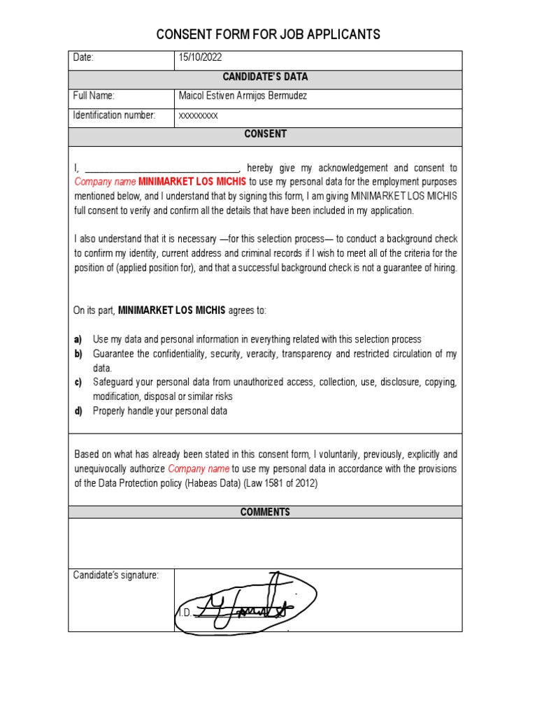 Consent for Background Check and Personal Data Use in Job Application ...