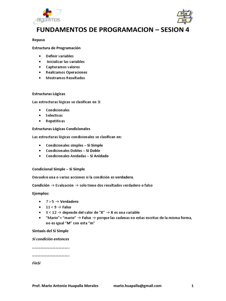 Fundamentos de Programación - Sesión 4: Introducción a las estructuras lógicas condicionales y ...