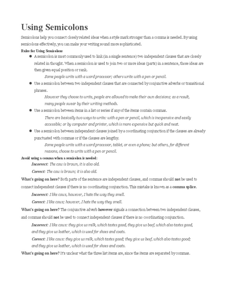 Mastering Semicolon Usage in Writing | PDF | Comma | Syntax
