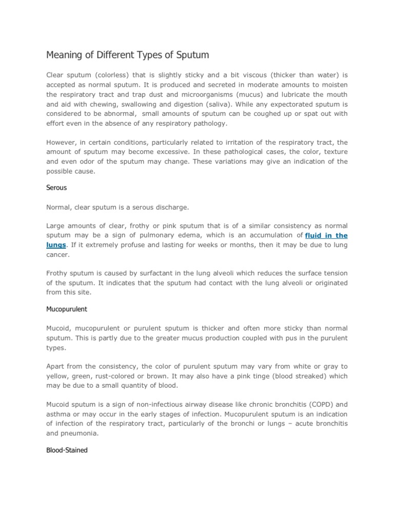Meaning of Different Types of Sputum | PDF | Pneumonia | Cough