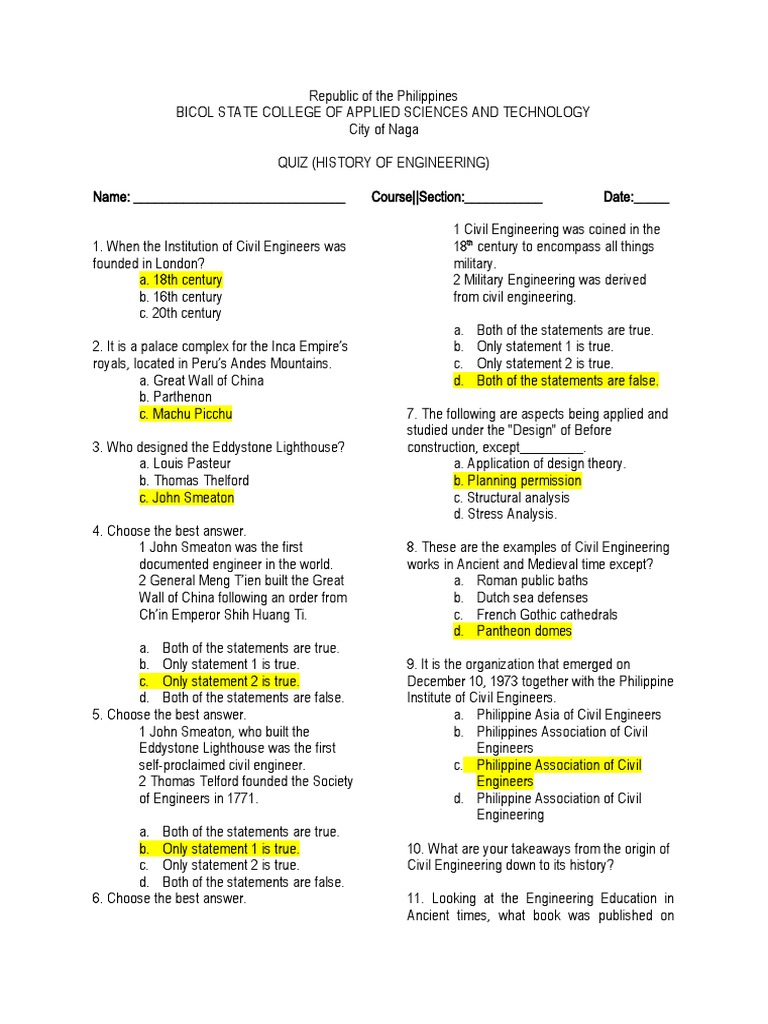 History of Civil Engineering Quiz Final | PDF | Civil Engineering ...