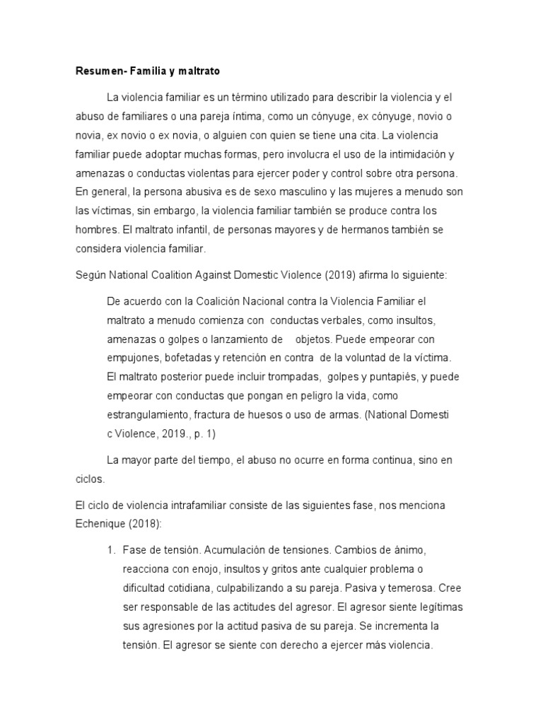 Resumen. Maltrato | PDF | Violencia doméstica | Abuso infantil