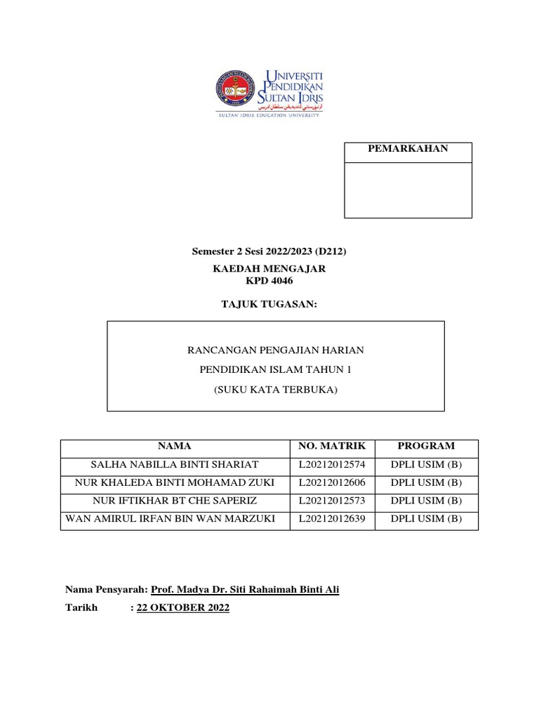 RPH Jawi Suku Kata Terbuka Tahun 1 Pai | PDF
