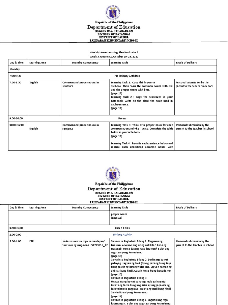 Weekly 3home Learning Plan For Grade 3 | PDF | Philippines
