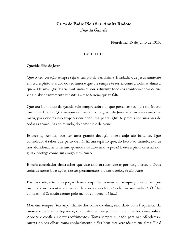 Carta Do Padre Pio Anjos Da Guarda | PDF | Amor | Oração