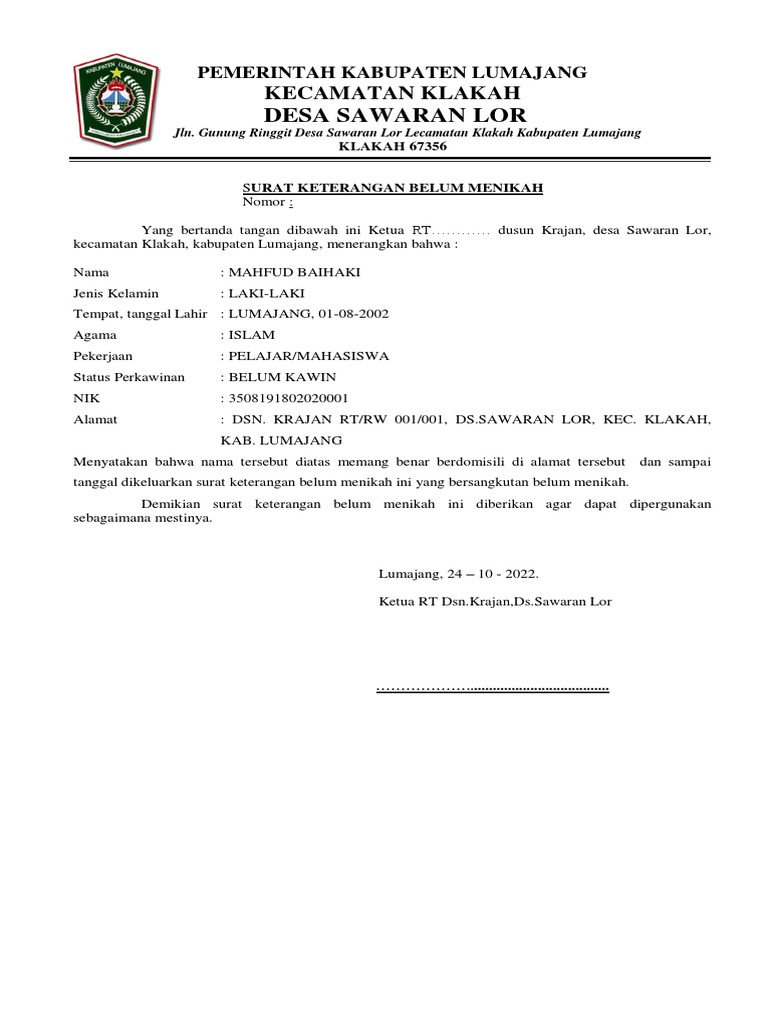 Surat Keterangan BLM Menikah DR RT 1 | PDF