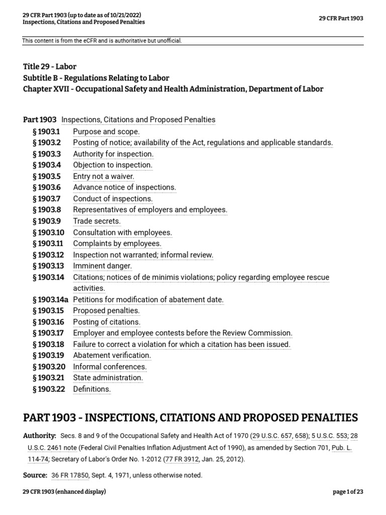 29 CFR Part 1903: Inspections & Citations | PDF | Occupational Safety ...