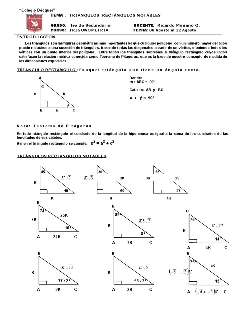 1roTRIGO-Triang Rectang Notables | PDF | Triángulo | Rectángulo