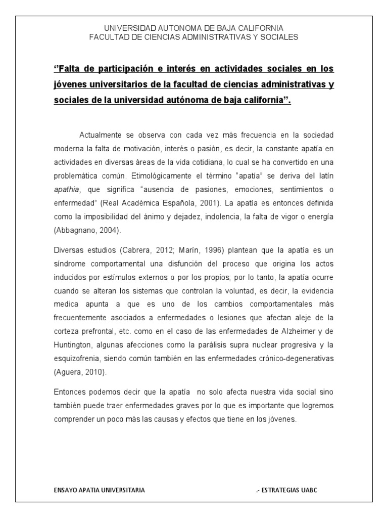 Ensayo Apatia Universitaria | PDF | Aprendizaje | Las emociones