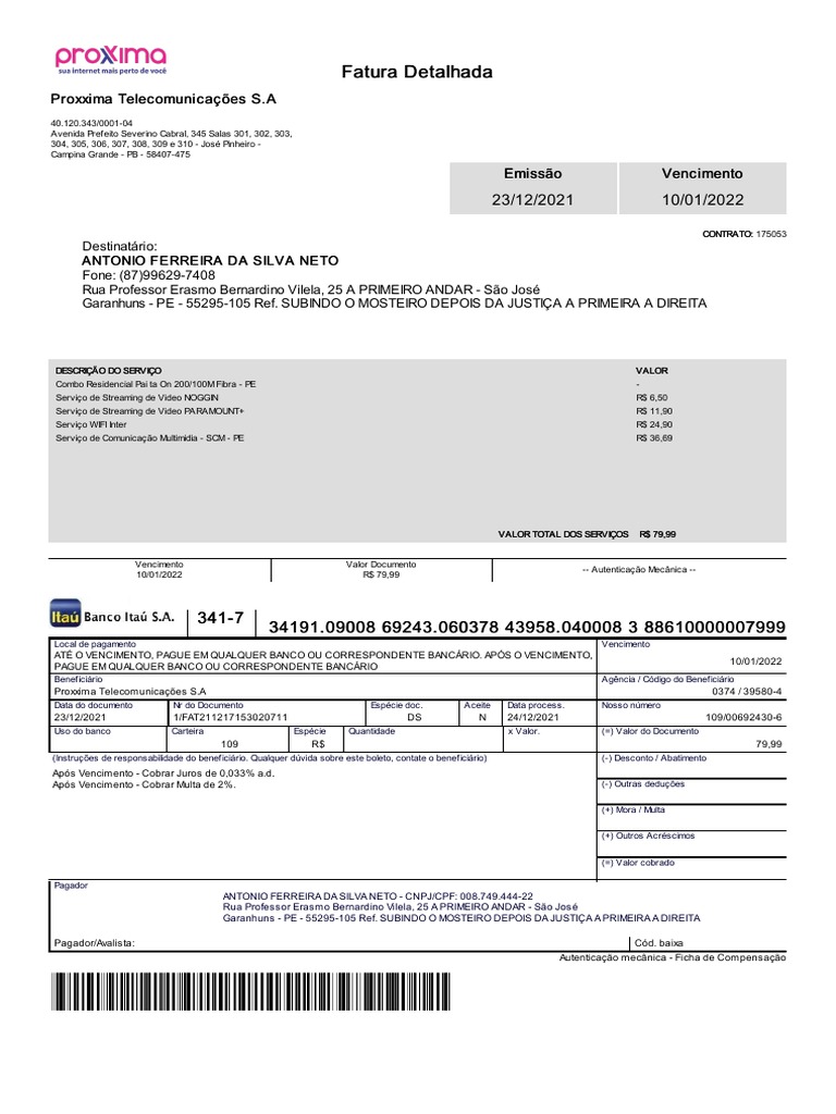 Fatura Detalhada Proxxima Telecom | PDF | Dinheiro | Serviços (economia)