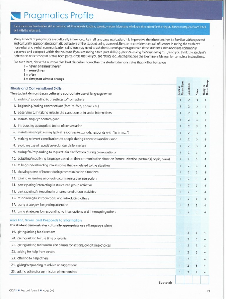 CELF 5 Pragmatics Profile | PDF