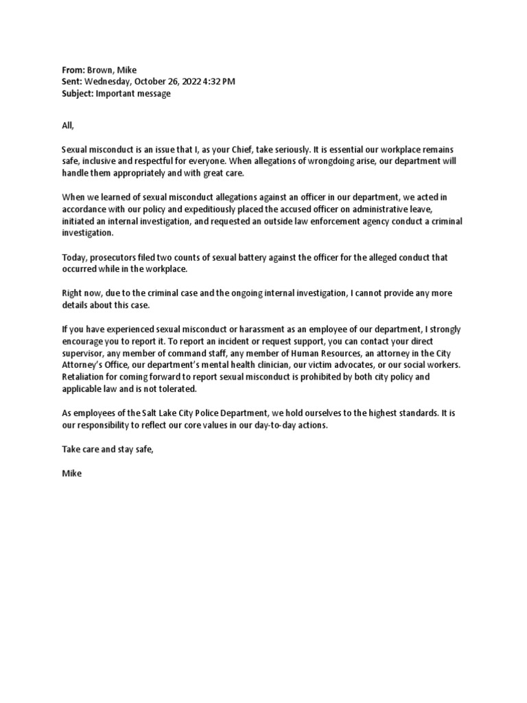 Chief Brown Department Email - October 26 2022 | PDF