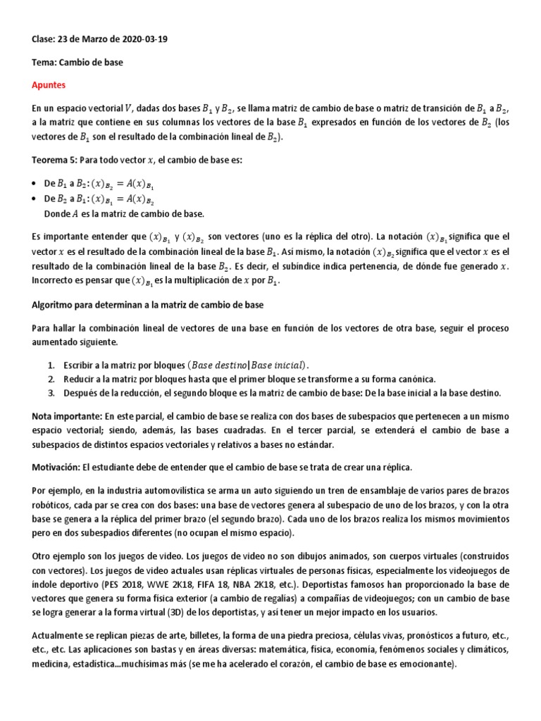 Cambio de Base Álgebra Lineal | Descargar gratis PDF | Matriz ...