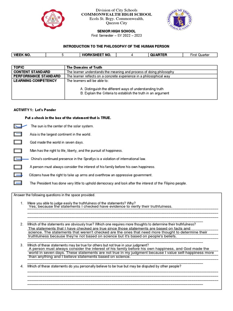 Philo Worksheet 4 | PDF | Truth | Cognitive Science