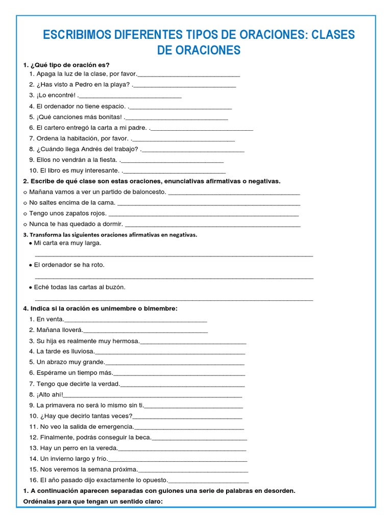 Ficha de Comunicación 22-09 Escribimos Diferentes Tipos de Oraciones ...