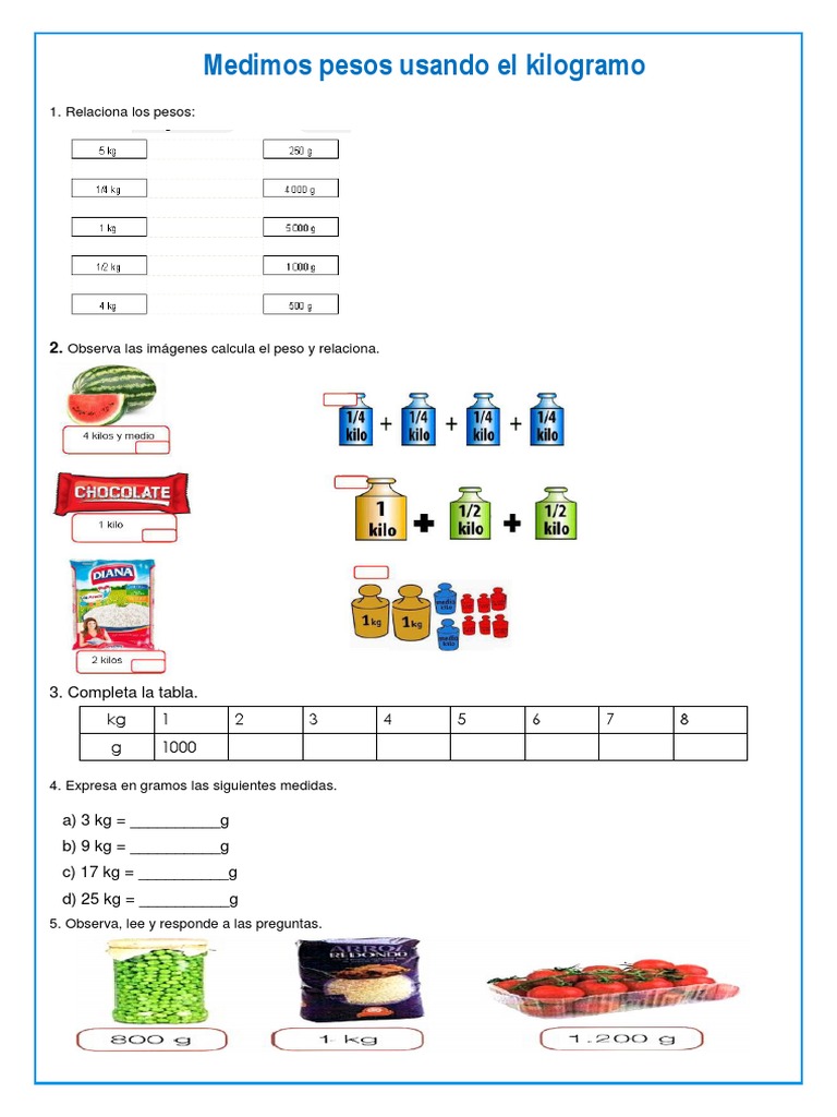 Ficha de Matemática 23-08 Medimos Pesos Utilizando Kilogramos | PDF