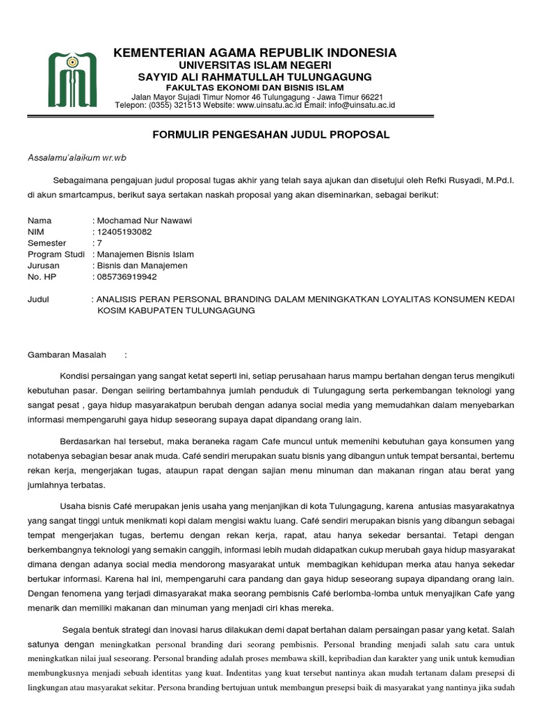 FORMULIR PENGESAHAN JUDUL PROPOSAL ACC JUDUL UNTUK PROPOSAL Nawawi | PDF