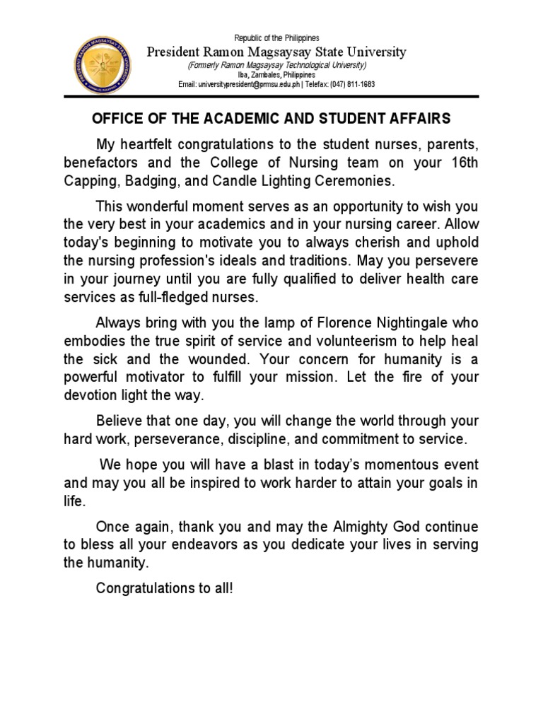 Congratulatory Speech For CON Capping Pinning Candle Lighting Ceremony ...